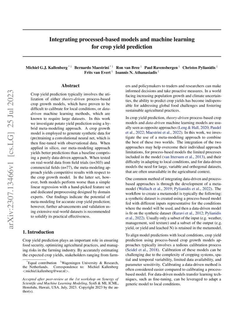 Integrating Processed Based Models And Machine Learning For Crop Yield