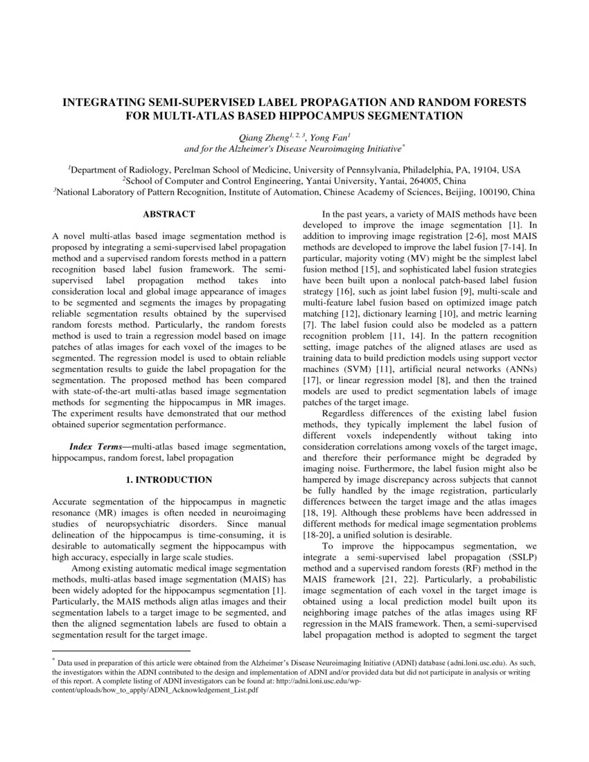 Integrating semi-supervised label propagation and random forests for multi-atlas based ...