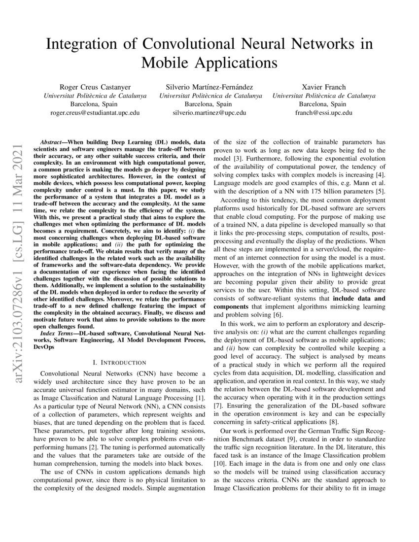 Integration Of Convolutional Neural Networks In Mobile Applications 2511