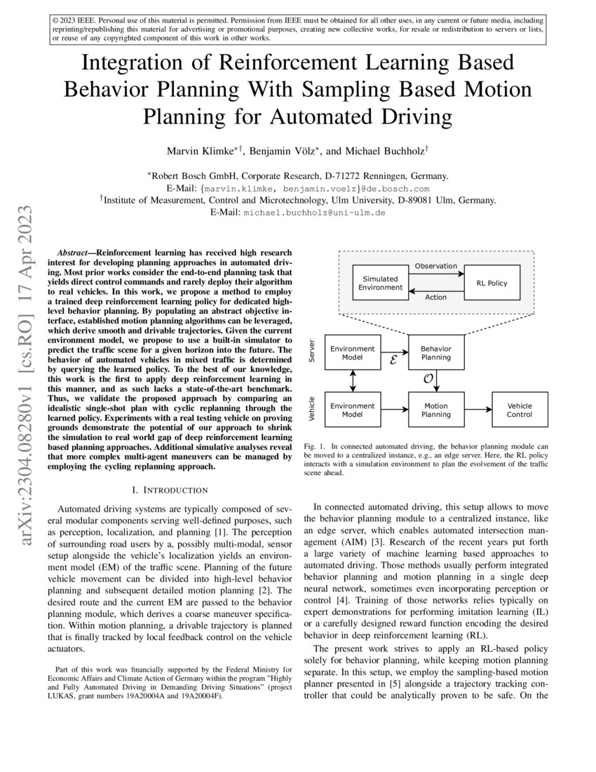 Integration Of Reinforcement Learning Based Behavior Planning With Sampling Based Motion