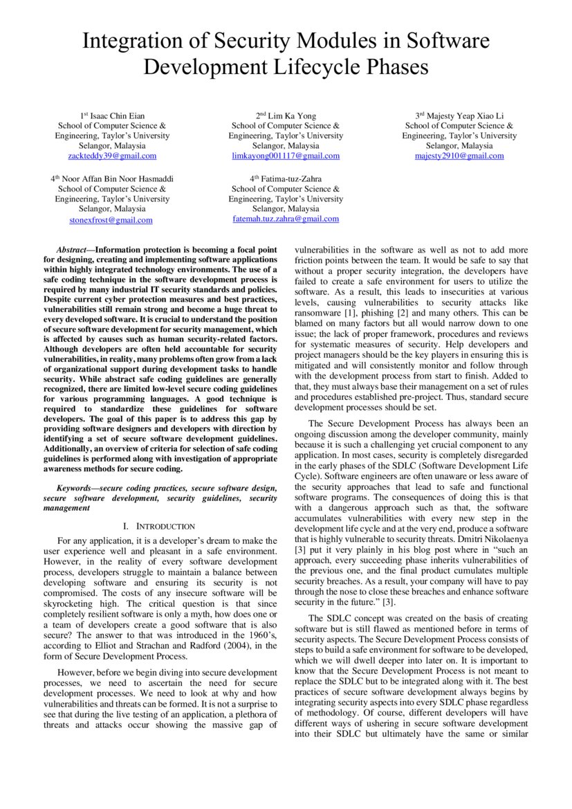 Integration of Security Modules in Software Development Lifecycle ...