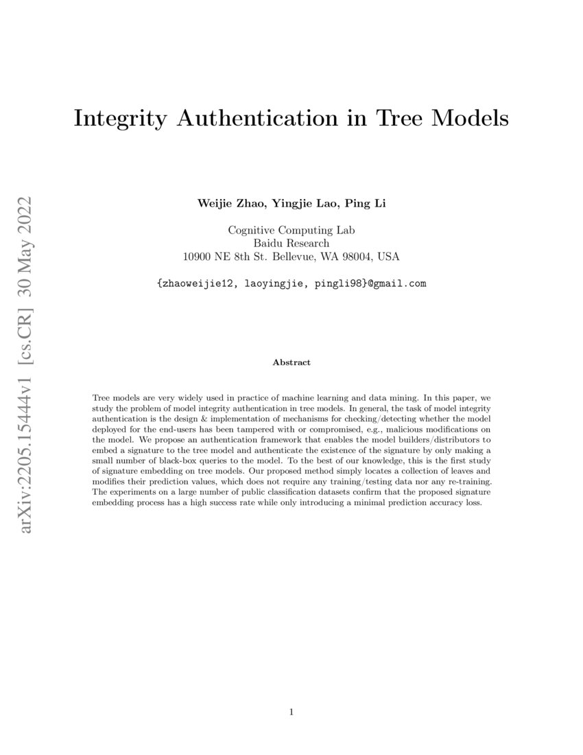 Integrity Authentication in Tree Models | DeepAI