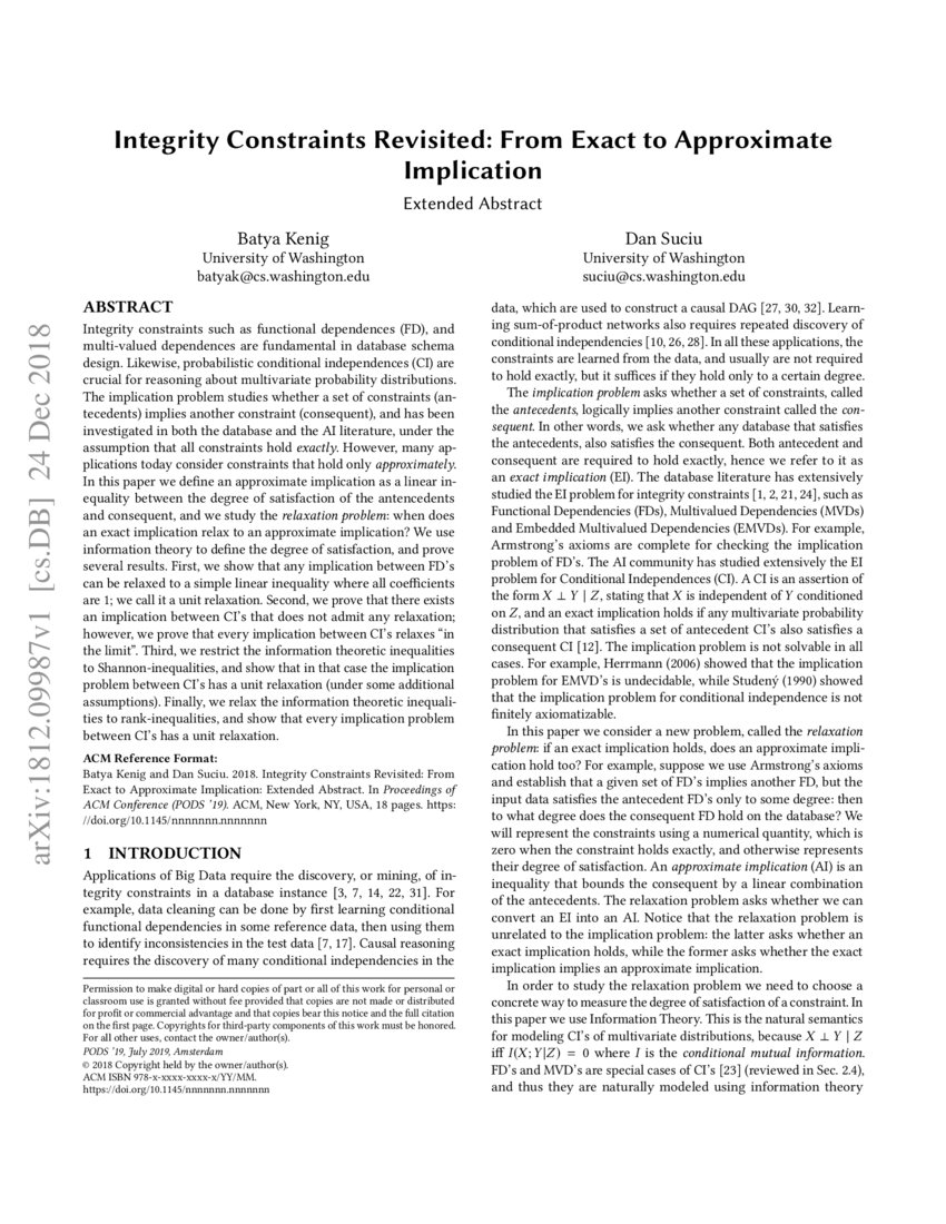 Integrity Constraints Revisited From Exact To Approximate Implication Deepai