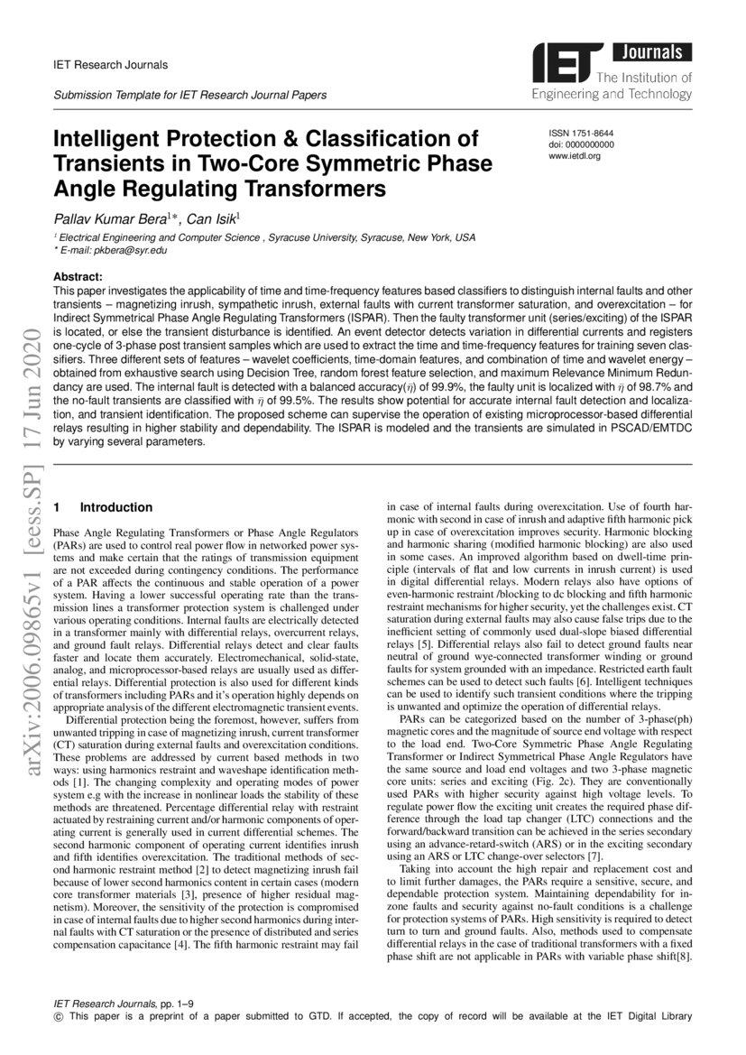 Intelligent Protection Classification Of Transients In Two Core Symmetric Phase Angle Regulating