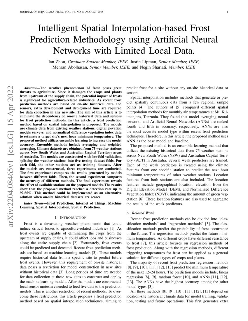 Intelligent Spatial Interpolation Based Frost Prediction Methodology Using Artificial Neural