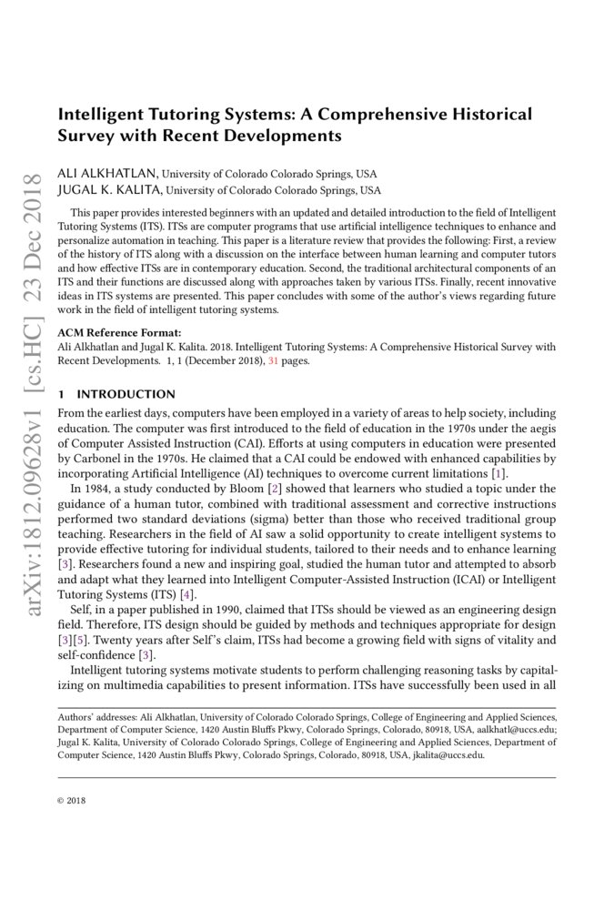 Intelligent Tutoring Systems: A Comprehensive Historical Survey with ...
