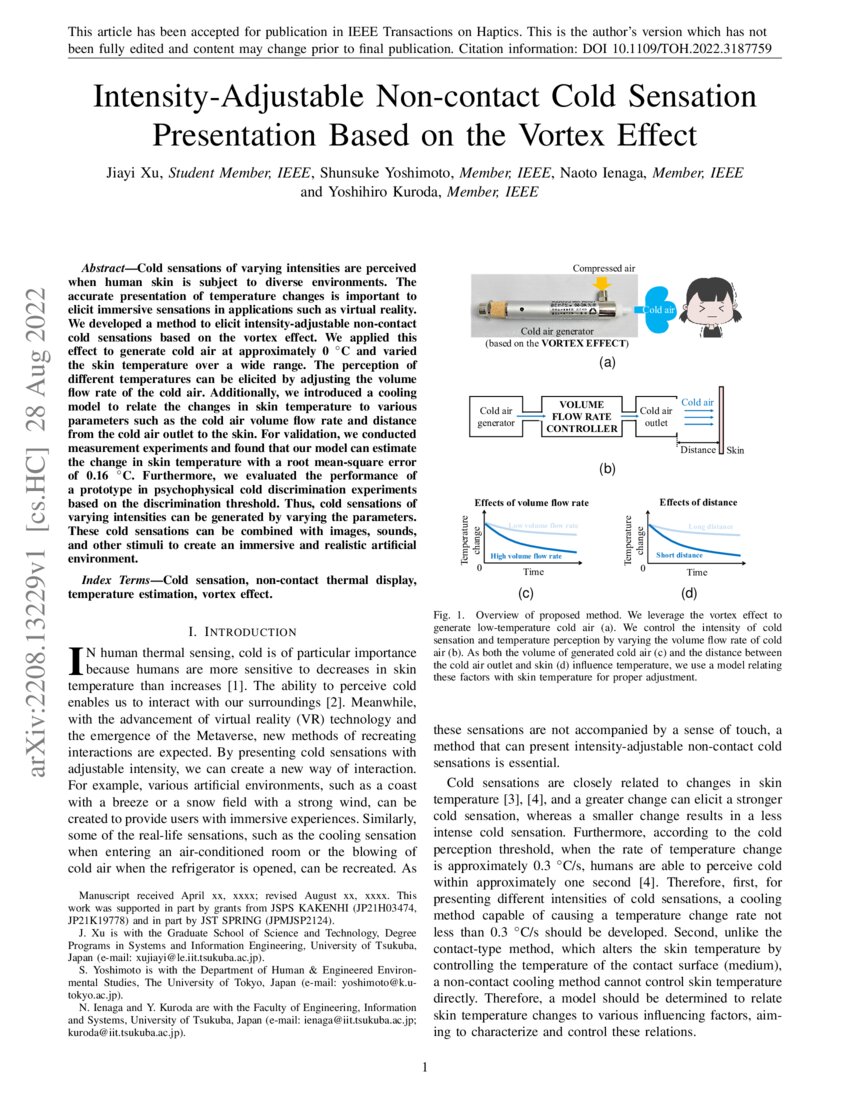 Intensity-Adjustable Non-contact Cold Sensation Presentation Based on the Vortex Effect | DeepAI