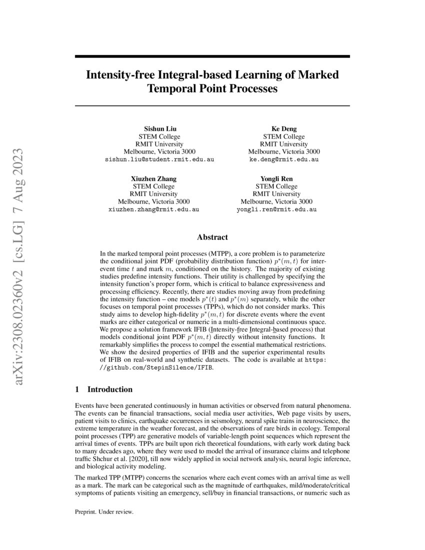 Intensity Free Integral Based Learning Of Marked Temporal Point Processes Deepai