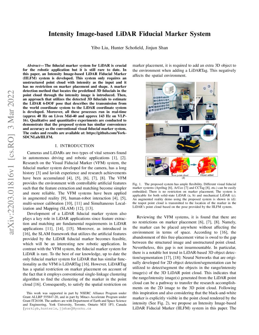 Intensity Image Based Lidar Fiducial Marker System Deepai