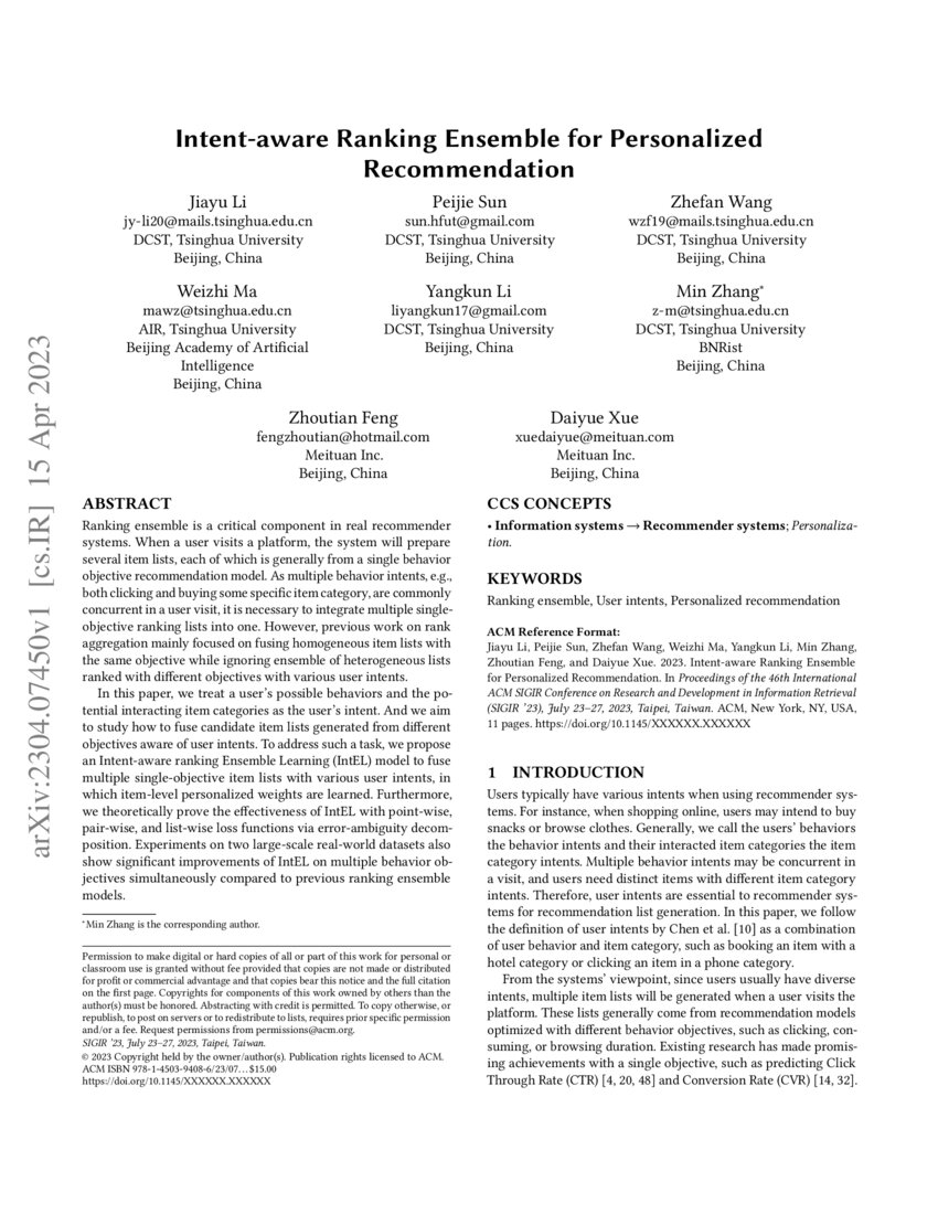 Intent Aware Ranking Ensemble For Personalized Recommendation Deepai 