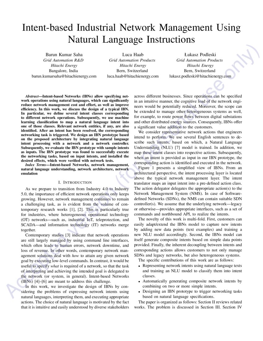 Intent-based Industrial Network Management Using Natural Language Instructions | DeepAI