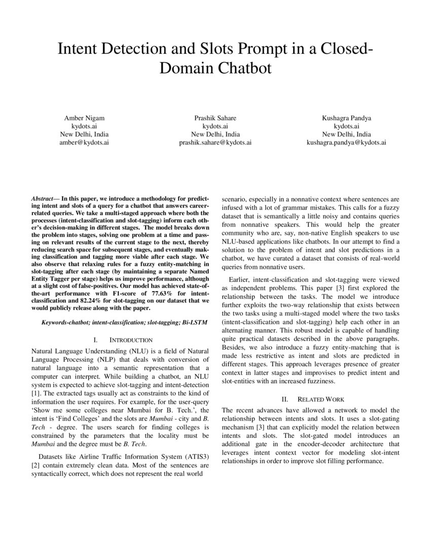 Intent Detection and Slots Prompt in a Closed-Domain Chatbot | DeepAI