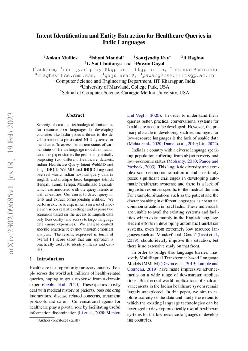 Intent Identification and Entity Extraction for Healthcare Queries in ... Intent Identification and Entity Extraction for Healthcare Queries in ...