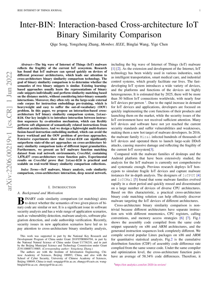 Inter Bin Interaction Based Cross Architecture Iot Binary Similarity