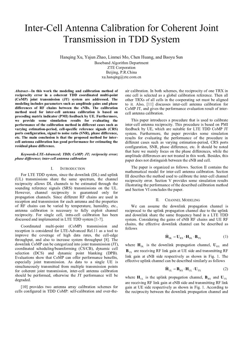 Inter-Cell Antenna Calibration for Coherent Joint Transmission in TDD System | DeepAI