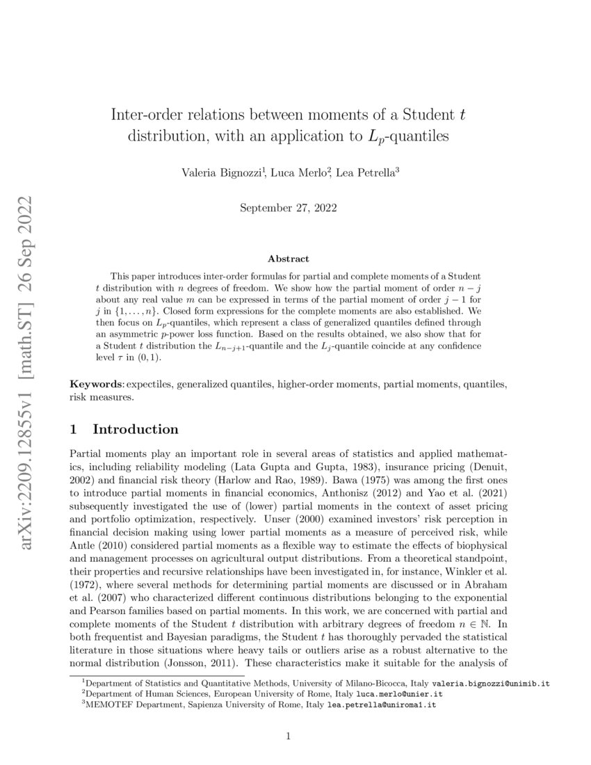 Inter-order relations between moments of a Student t distribution, with ...