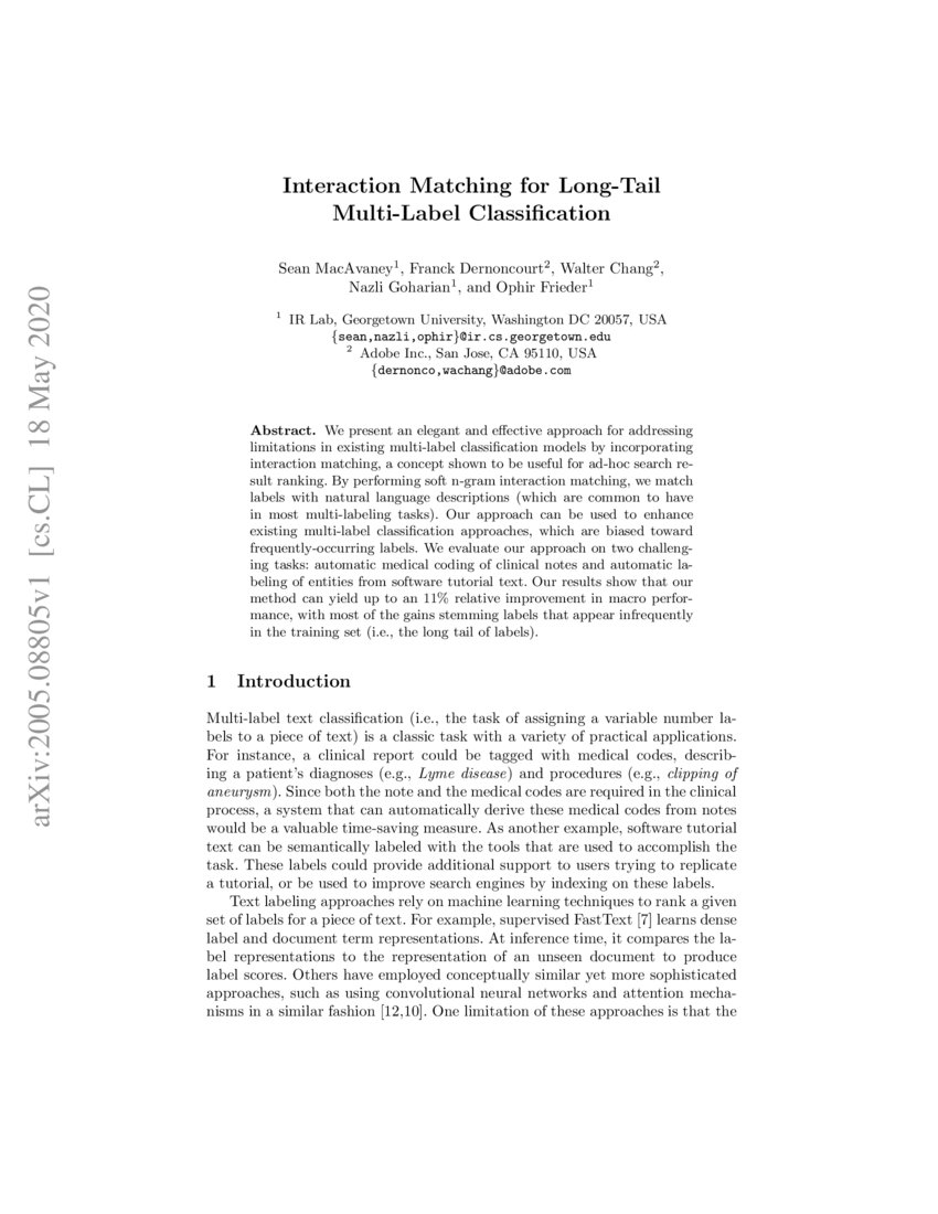 Interaction Matching for Long-Tail Multi-Label Classification | DeepAI
