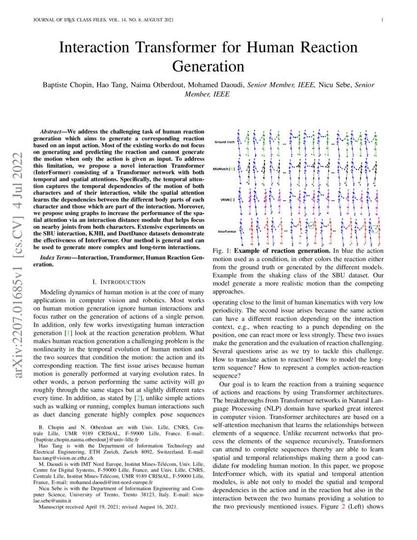 Interaction Transformer for Human Reaction Generation | DeepAI