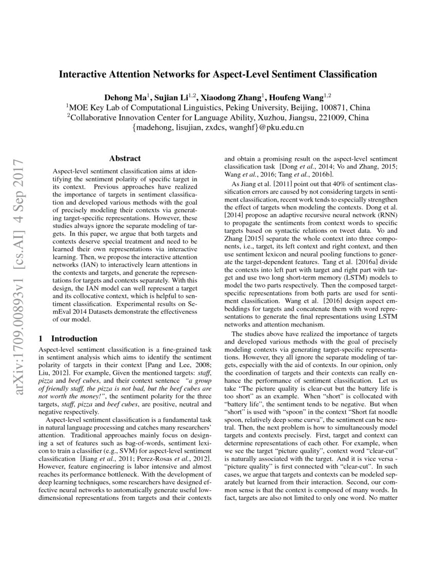 Interactive Attention Networks For Aspect Level Sentiment Classification Deepai 2957