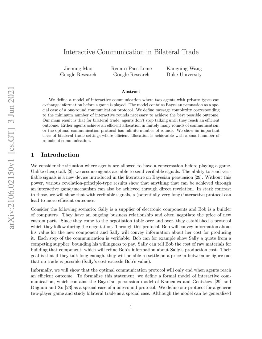 Interactive Communication in Bilateral Trade | DeepAI