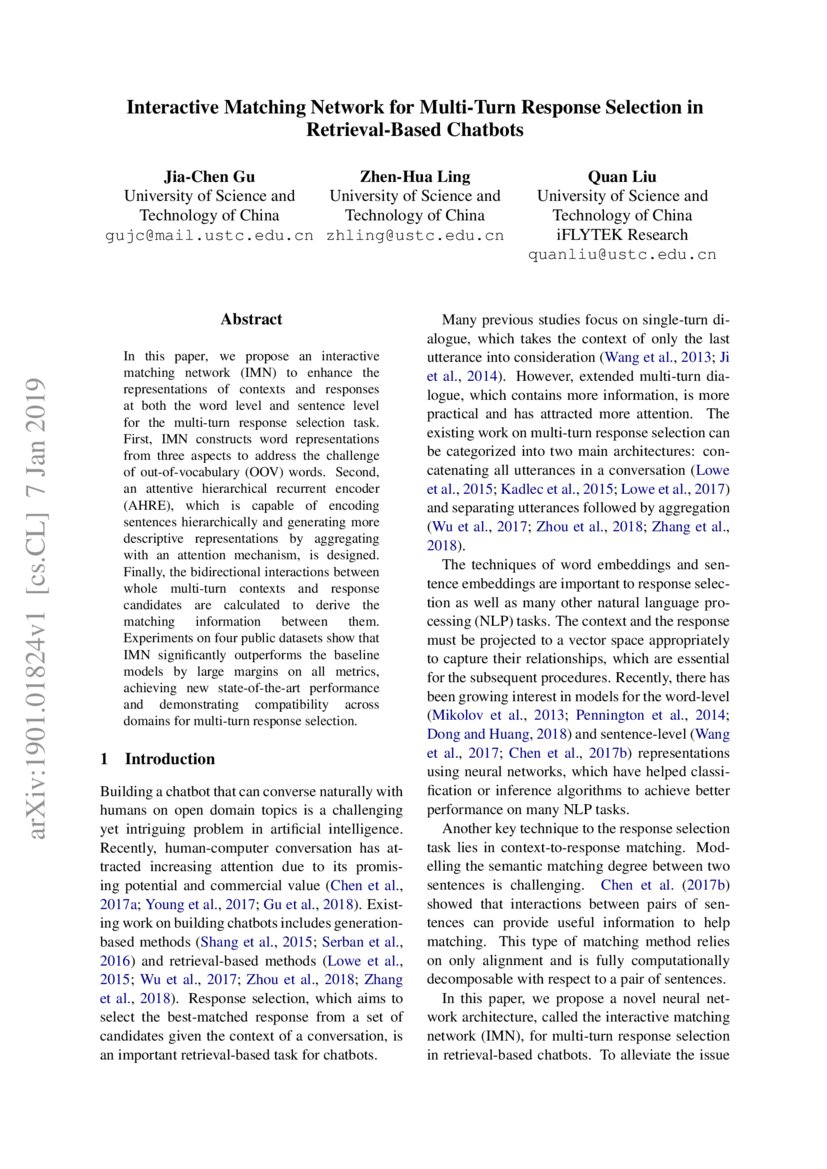 Interactive Matching Network For Multi Turn Response Selection In Retrieval Based Chatbots Deepai 7014