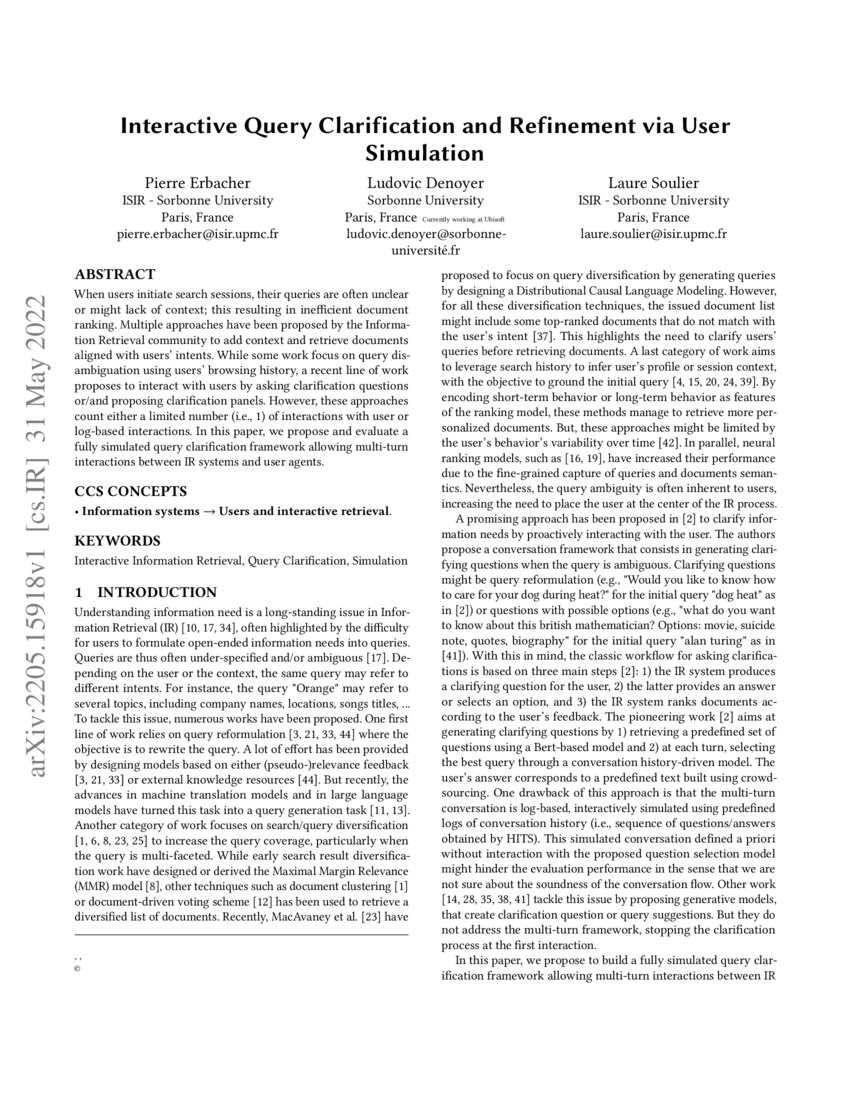 Interactive Query Clarification And Refinement Via User Simulation Deepai