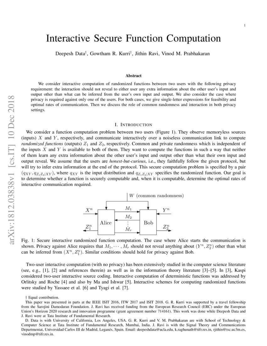 Interactive Secure Function Computation | DeepAI