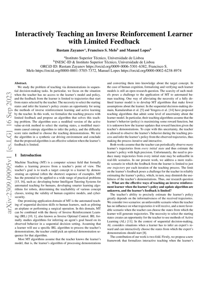 Interactively Teaching an Inverse Reinforcement Learner with Limited Feedback | DeepAI