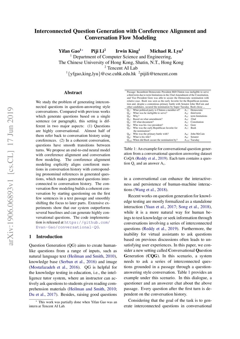 Interconnected Question Generation With Coreference Alignment And Conversation Flow Modeling