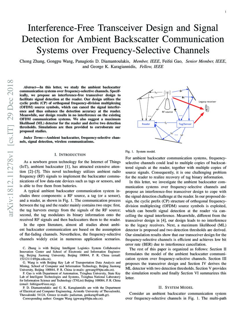 Interference-Free Transceiver Design and Signal Detection for Ambient Backscatter Communication ...