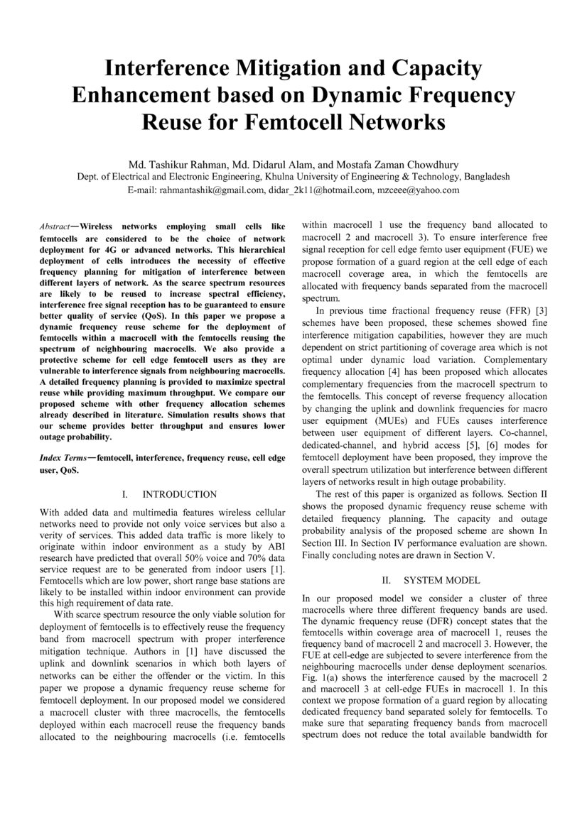 Interference Mitigation and Capacity Enhancement based on Dynamic Frequency Reuse for Femtocell ...