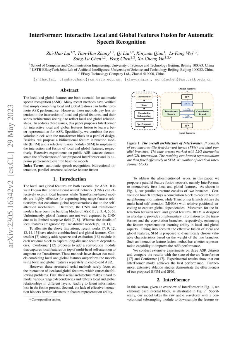 InterFormer: Interactive Local and Global Features Fusion for Automatic Speech Recognition | DeepAI