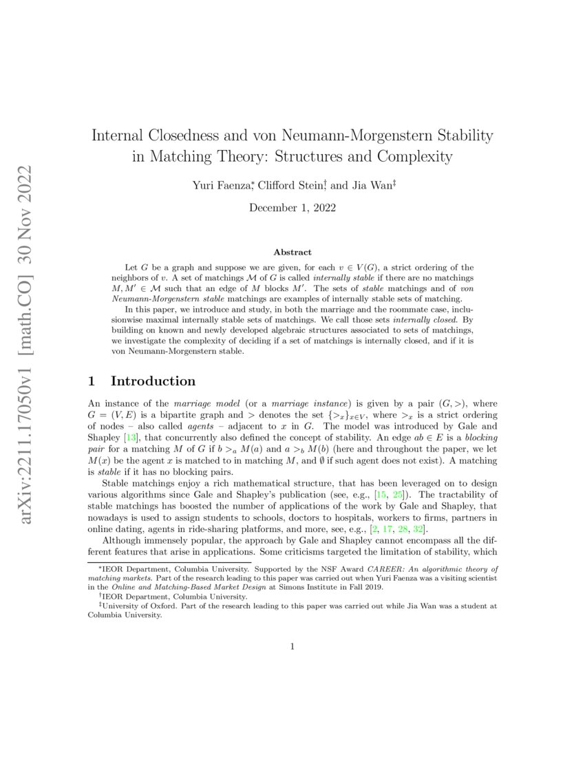 Internal Closedness and von Neumann-Morgenstern Stability in Matching Theory: Structures and ...