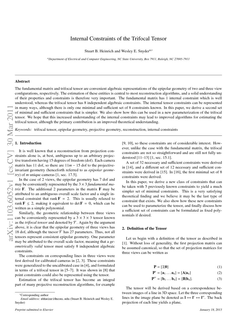 Internal Constraints of the Trifocal Tensor | DeepAI