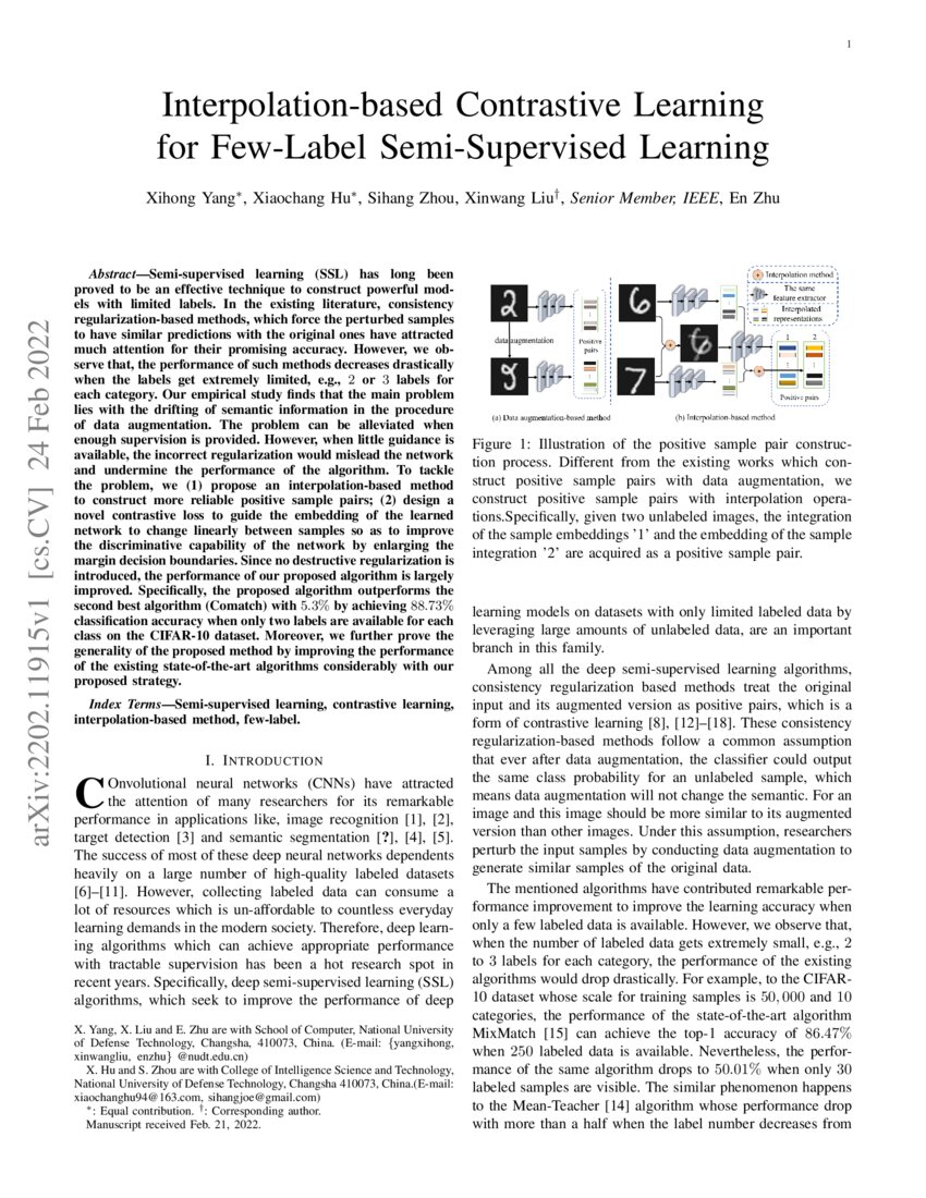 Interpolation-based Contrastive Learning for Few-Label Semi-Supervised Learning | DeepAI