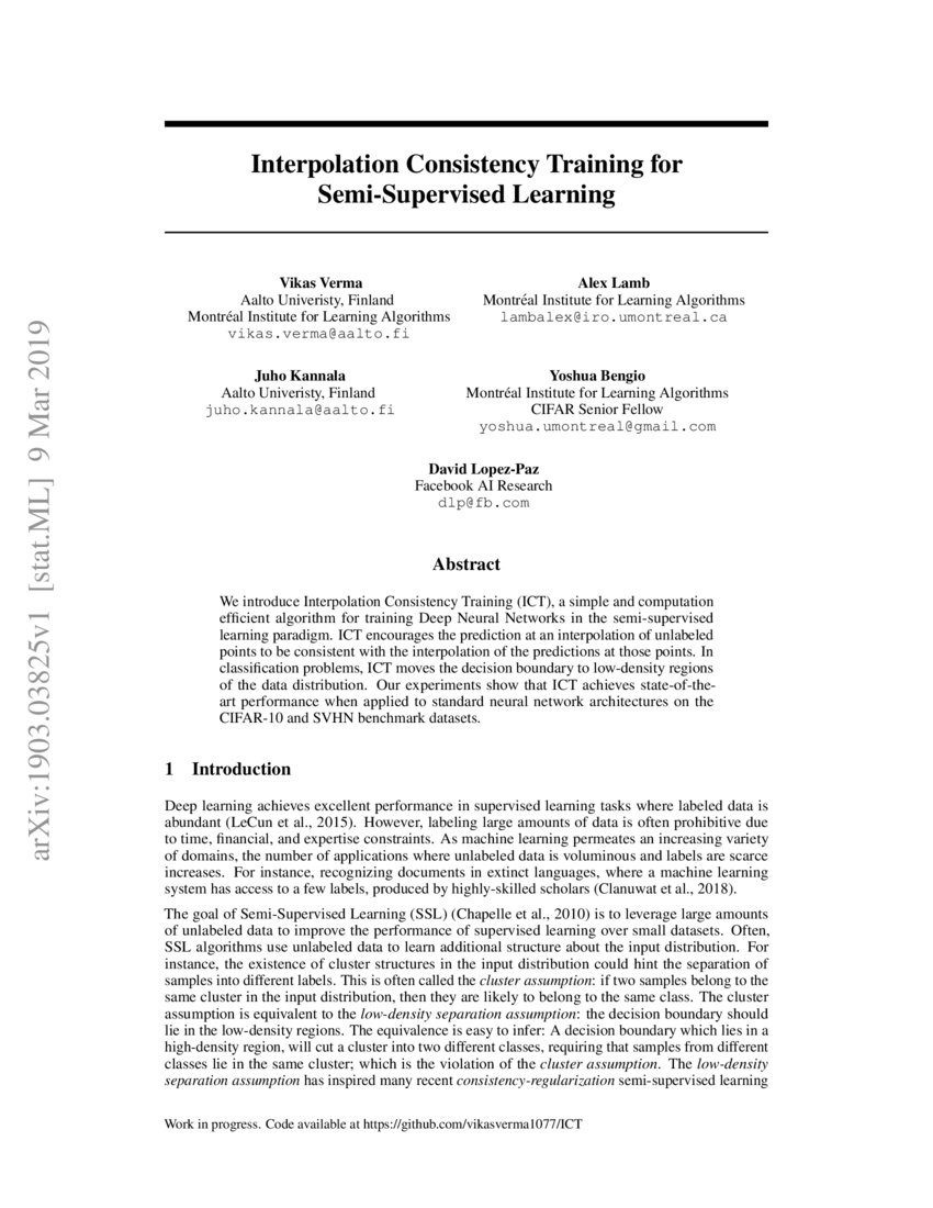 Interpolation Consistency Training for Semi-Supervised Learning | DeepAI Interpolation Consistency Training for Semi-Supervised Learning | DeepAI