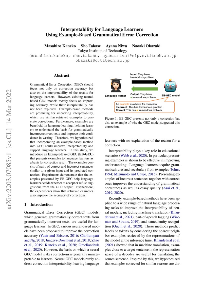 Interpretability For Language Learners Using Example Based Grammatical Error Correction Deepai