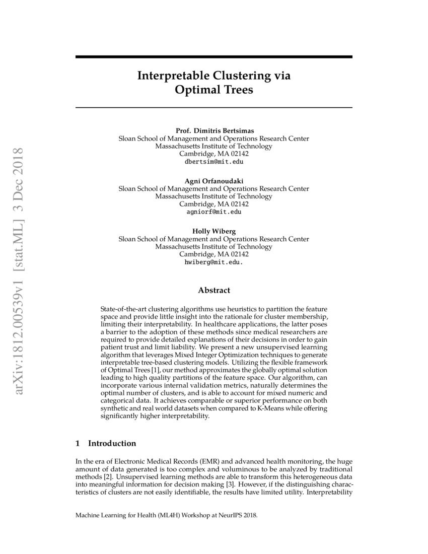 Interpretable Clustering Via Optimal Trees Deepai