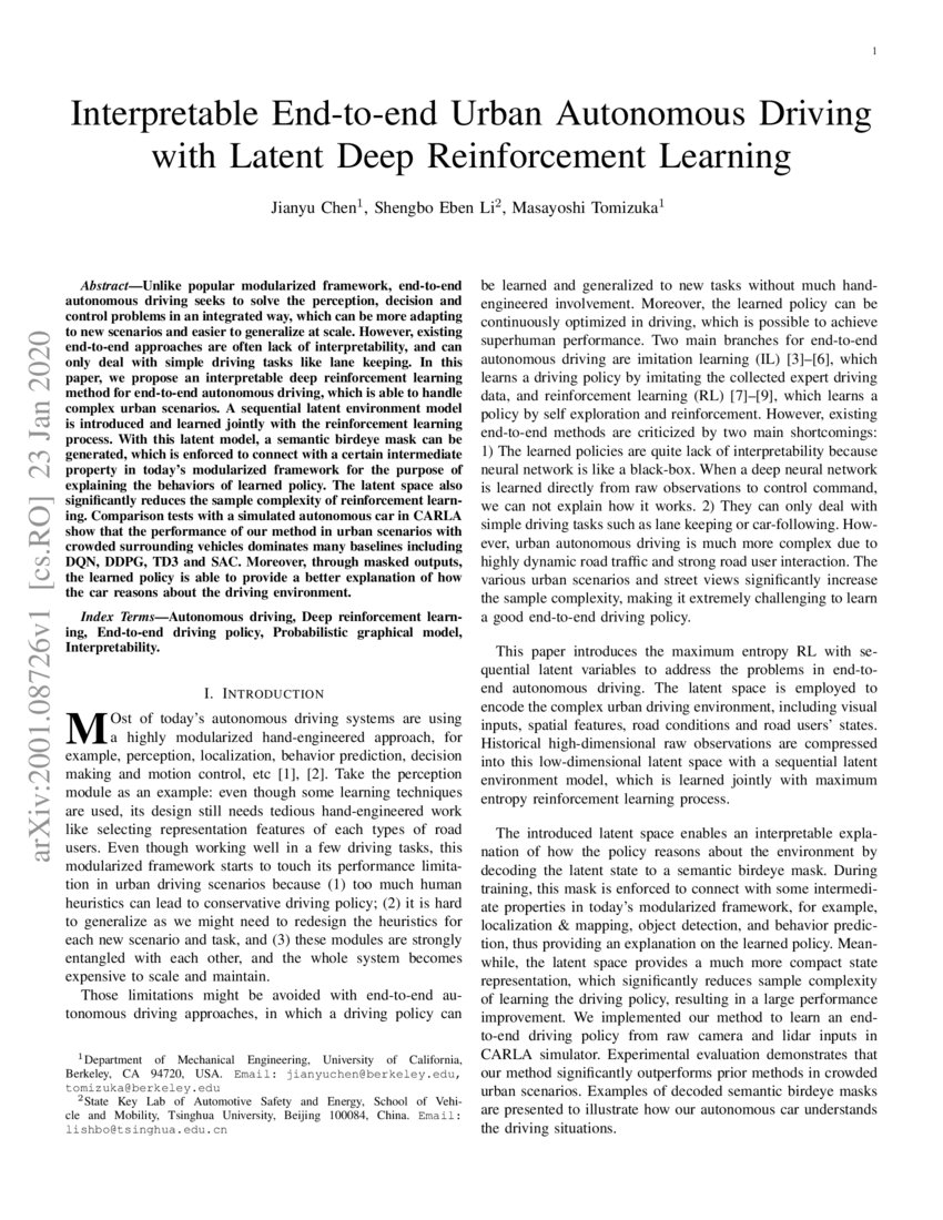 Interpretable End To End Urban Autonomous Driving With Latent Deep Reinforcement Learning Deepai