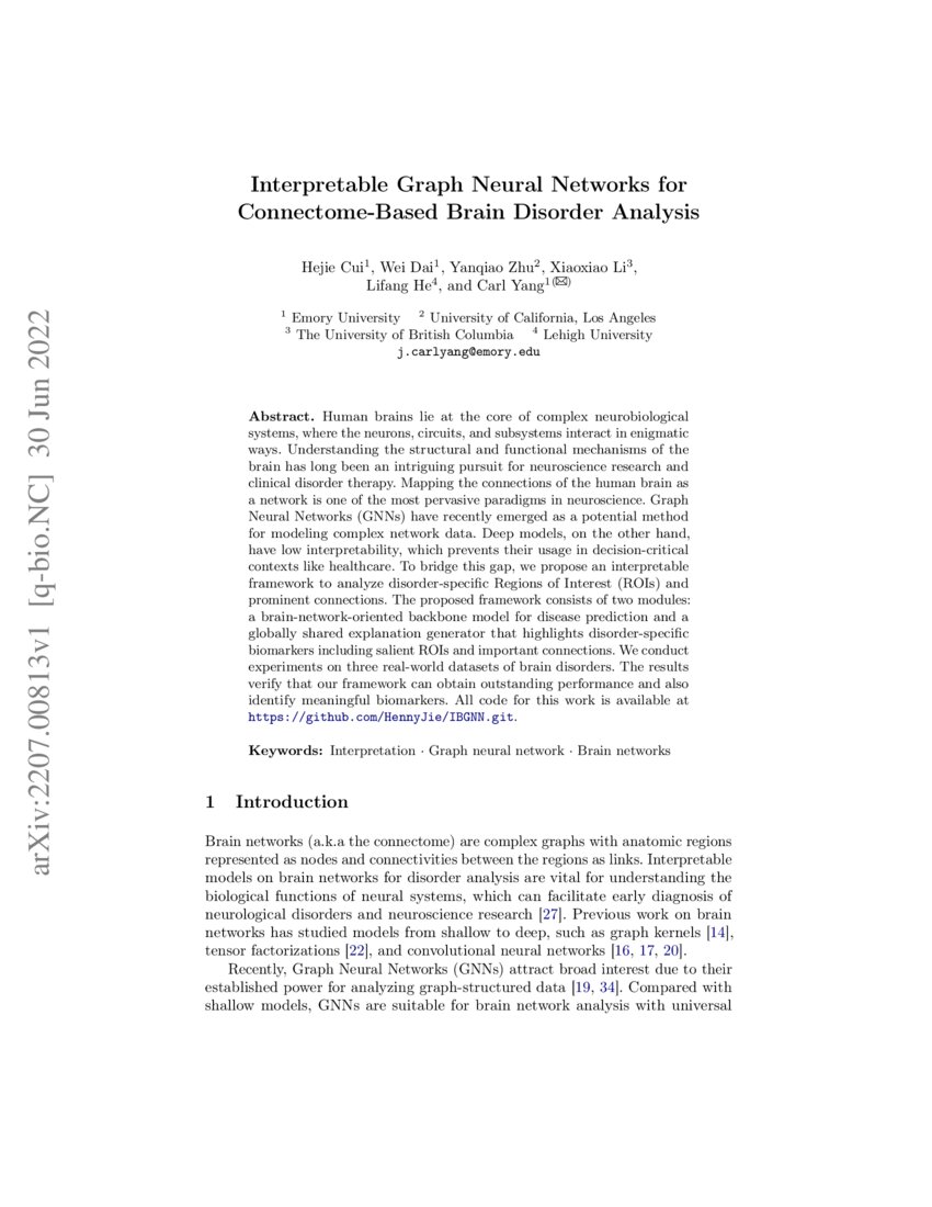 Interpretable Graph Neural Networks For Connectome Based Brain Disorder Analysis Deepai