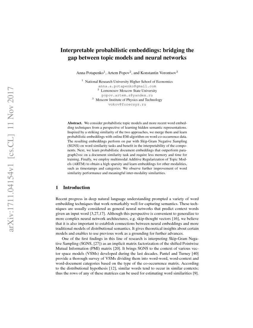 Interpretable probabilistic embeddings: bridging the gap between topic models and neural ...