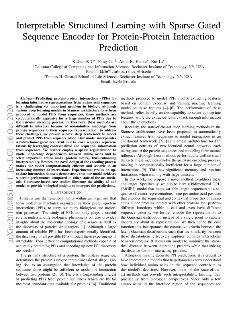 Interpretable Structured Learning With Sparse Gated Sequence Encoder For Protein Protein
