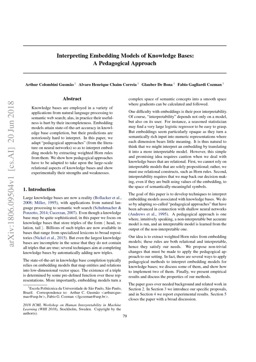 Interpreting Embedding Models of Knowledge Bases: A Pedagogical Approach | DeepAI