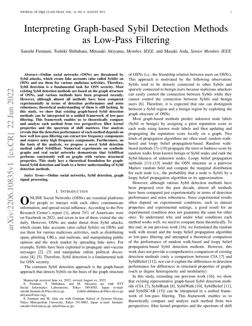 Interpreting Graph Based Sybil Detection Methods As Low Pass Filtering Deepai 