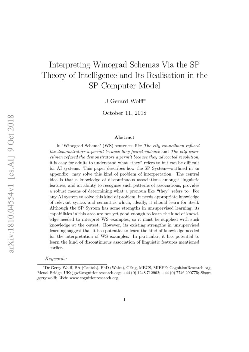Interpreting Winograd Schemas Via the SP Theory of Intelligence and Its Realisation in the SP ...