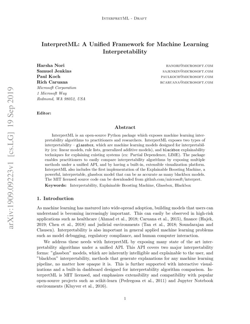 InterpretML: A Unified Framework for Machine Learning Interpretability | DeepAI