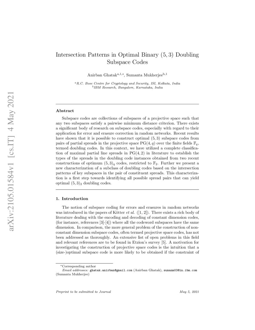 Intersection Patterns In Optimal Binary 5 3 Doubling Subspace Codes