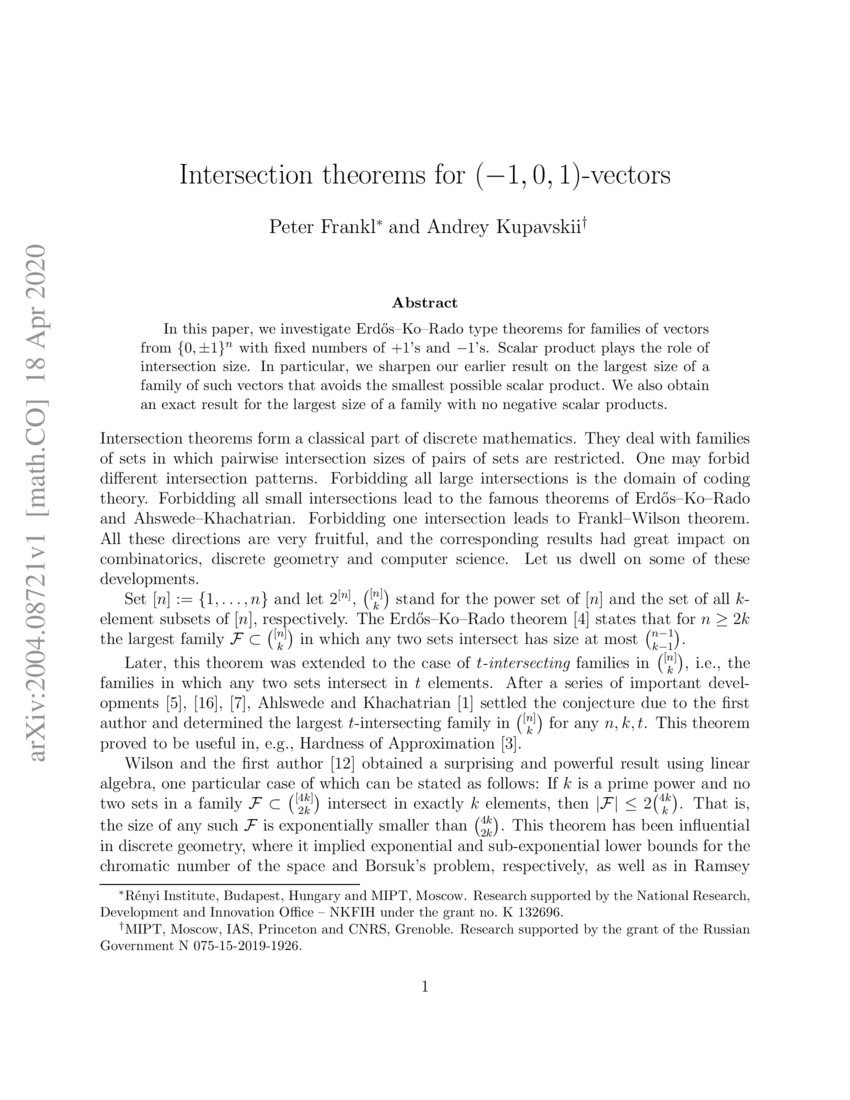 Intersection theorems for (-1,0,1)-vectors | DeepAI