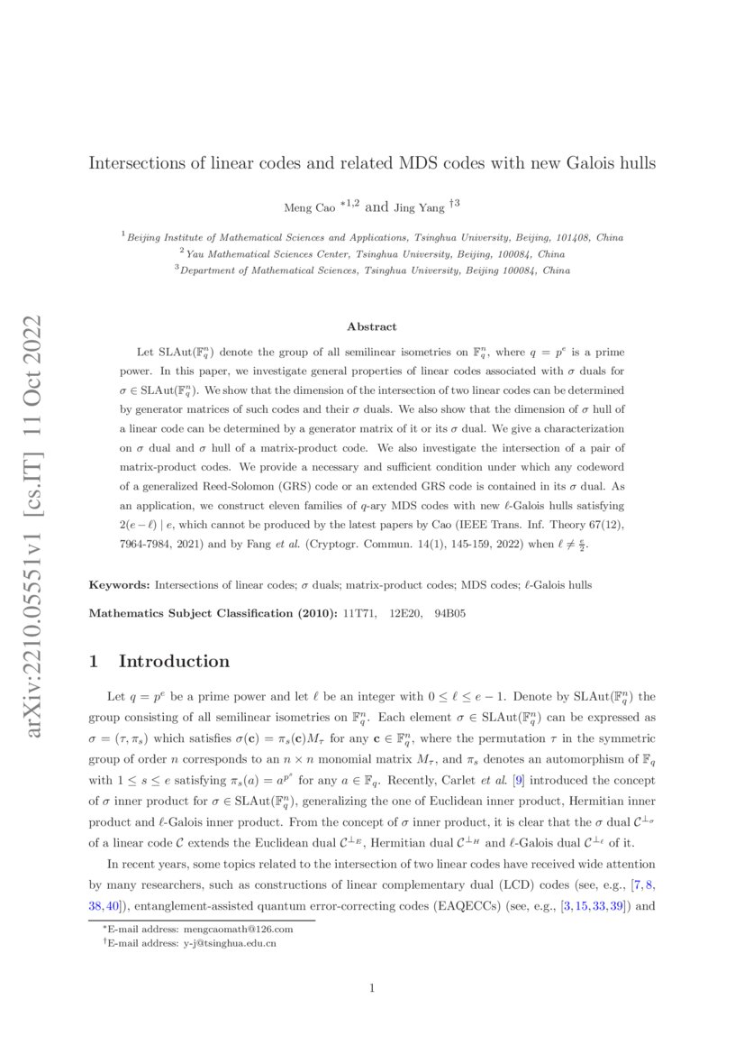 Intersections Of Linear Codes And Related Mds Codes With New Galois
