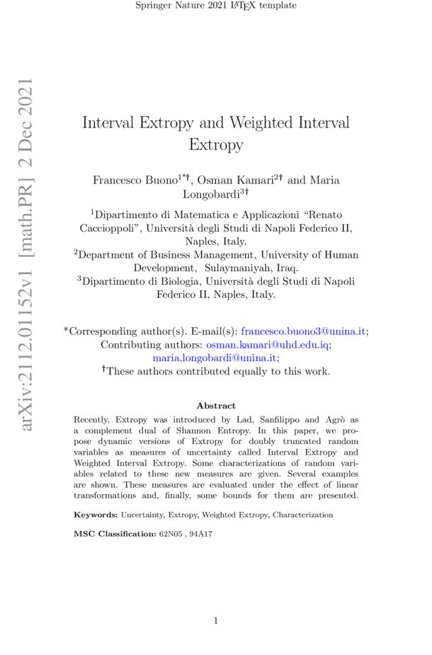 Interval extropy and weighted interval extropy | DeepAI